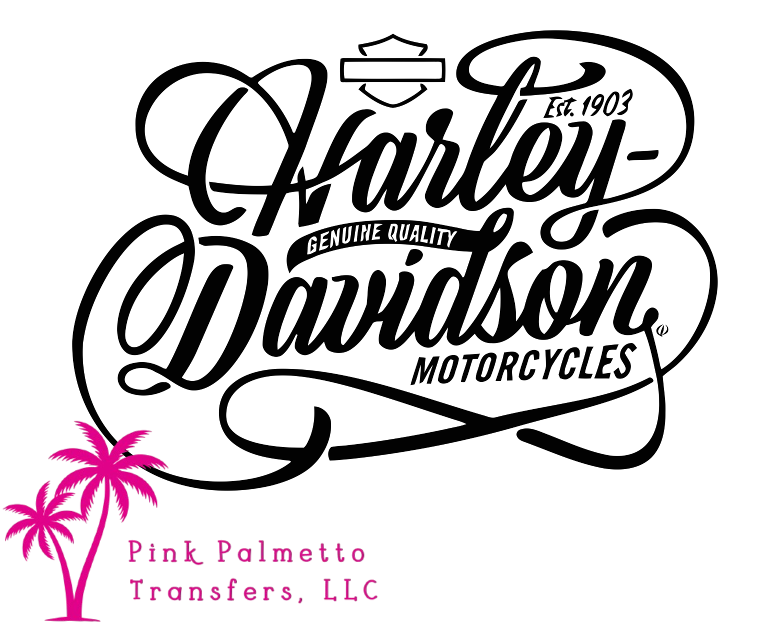 Cursive Harley Davidson Motorcycle Est. 12" DTF Transfer – Pink ...